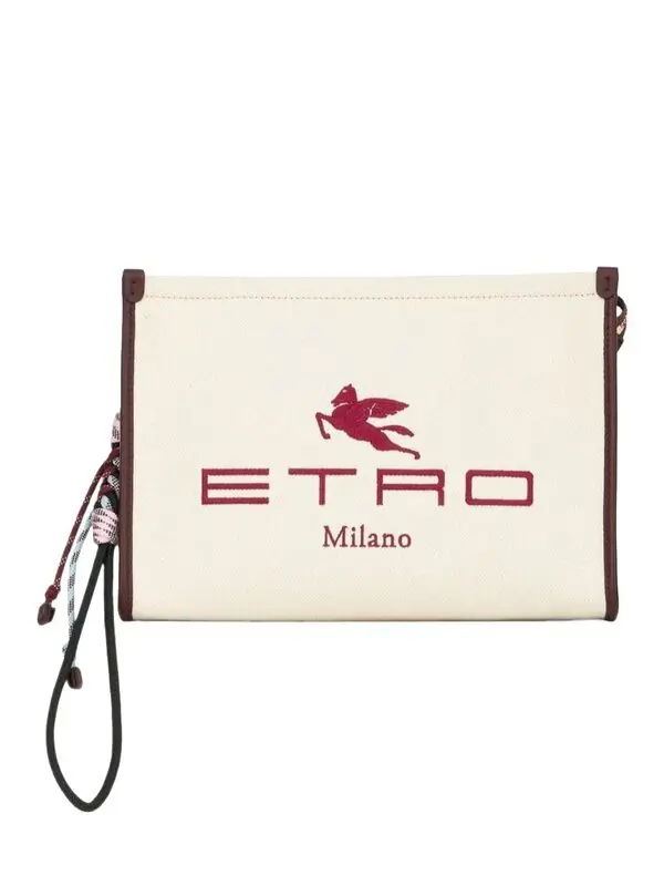 Etro Logo Embroidered Canvas Pouch - White
