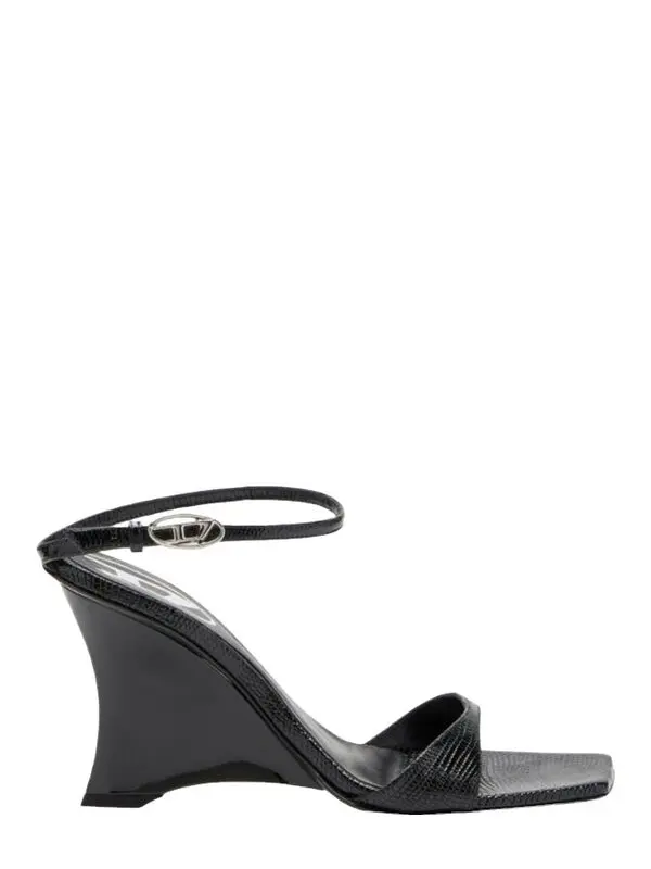 DIESEL® Lizard-effect Wedge Sandals With D-shaped Buckle - Black
