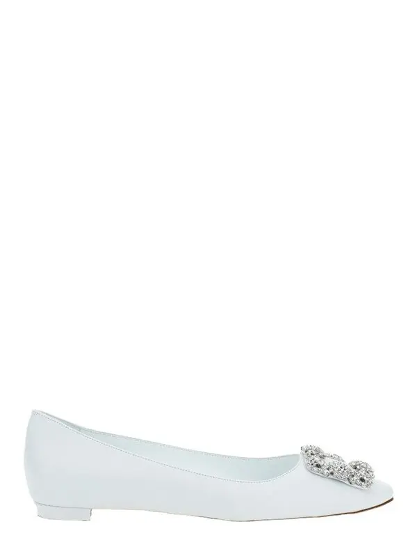 Manolo Blahnik Hangisi Satin Ballet Flats With Crystal Buckle - White