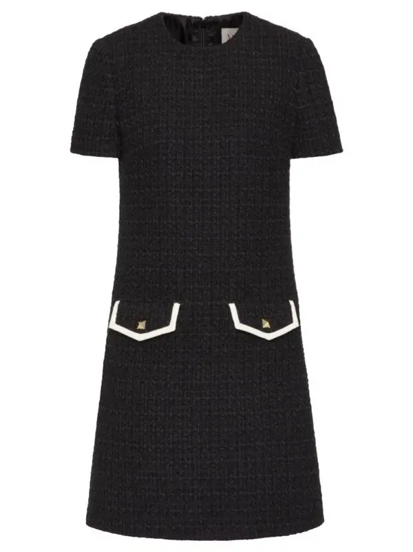 Valentino Garavani Wool Tweed Short Dress With Roman Stud Pockets - Black