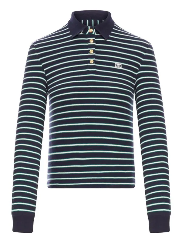 Celine Triomphe Striped Long Sleeve Polo Shirt - Black