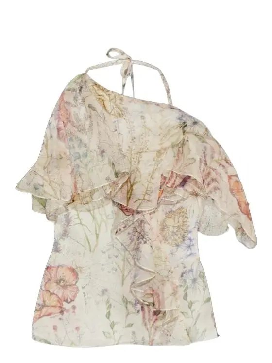 Alexander McQueen Ruffled Floral-print One-shoulder Top - Nude