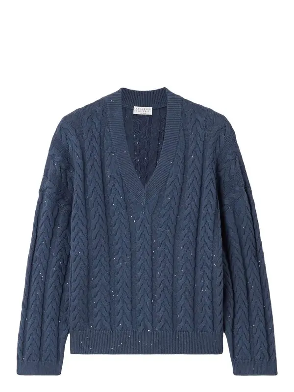 Brunello Cucinelli V-neck Knitted Jumper With Sequins - Navy Blue