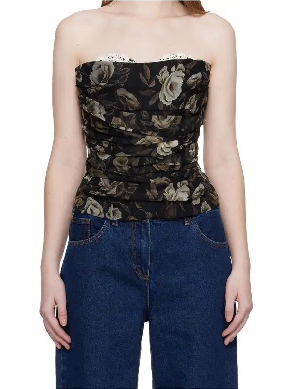 Magda Butrym Corset Top With Pleats And Floral Print - Black