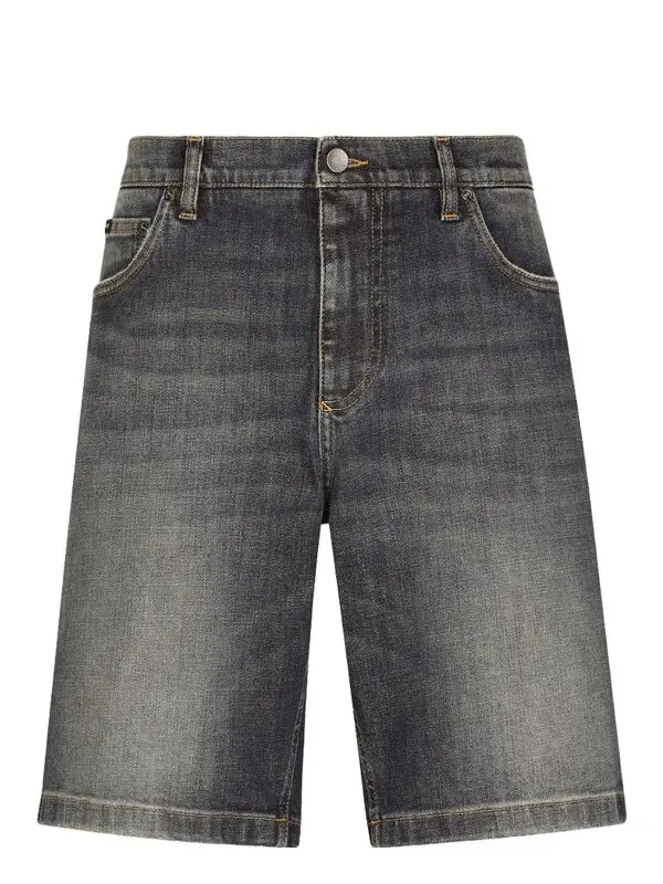 Dolce & Gabbana Logo Patch Straight Leg Denim Shorts - Black