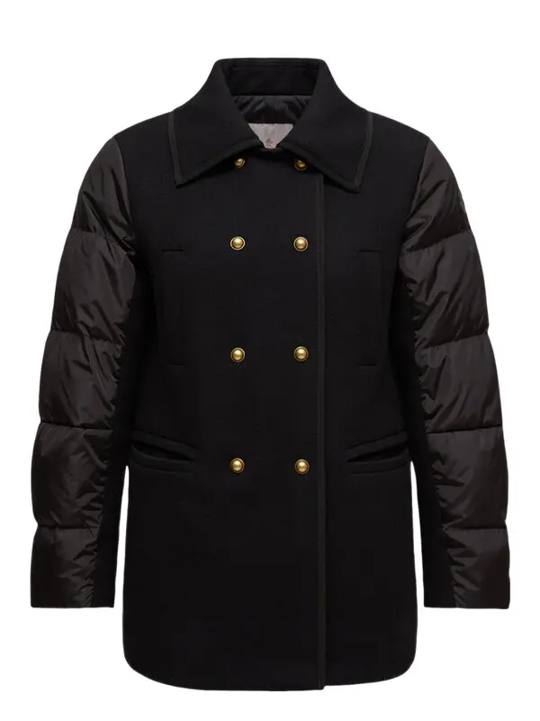 Moncler Wool Blend Down Coat With Technical Sleeves - Black