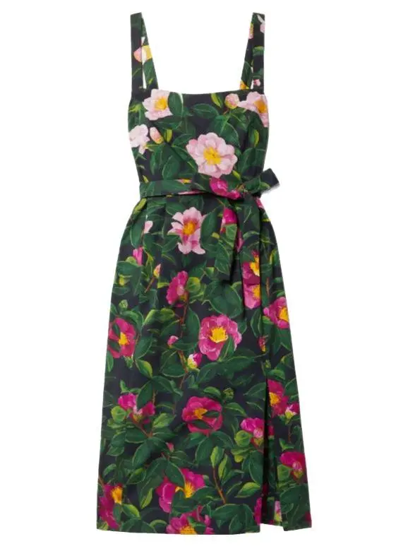 Oscar De La Renta Floral Printed Belted Midi Dress - Green