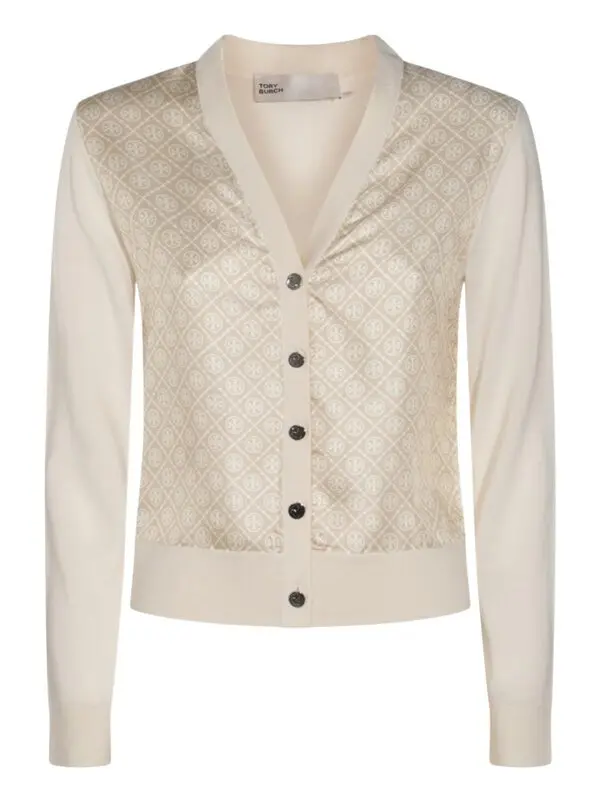Tory Burch V-neck Knitted Cardigan - French Cream White/gold Mini T Monogram Pattern