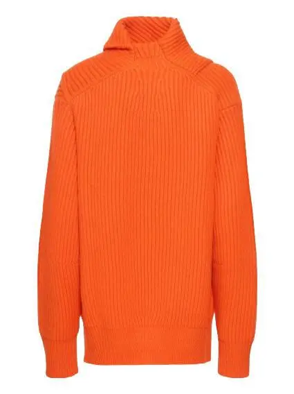 JIL SANDER Ribbed Knit Long Sleeve Sweater With Side Slits - Orange
