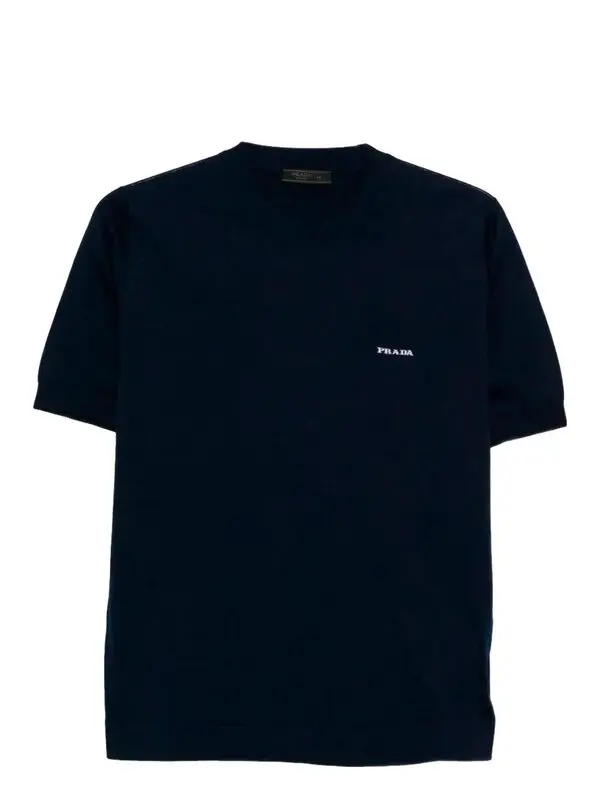 Prada Logo Short Sleeve Knit Pullover - Blue