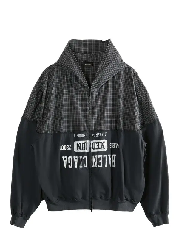 Balenciaga Checked Logo Printed Hooded Zip-up Jacket - Black