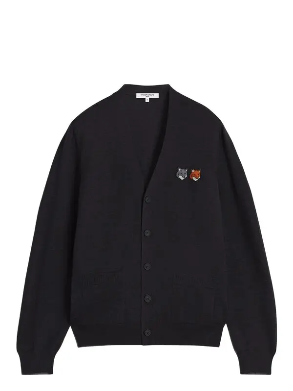 Maison Kitsuné Long Sleeve Cardigan With Fox Head Appliques - Anthracite Color