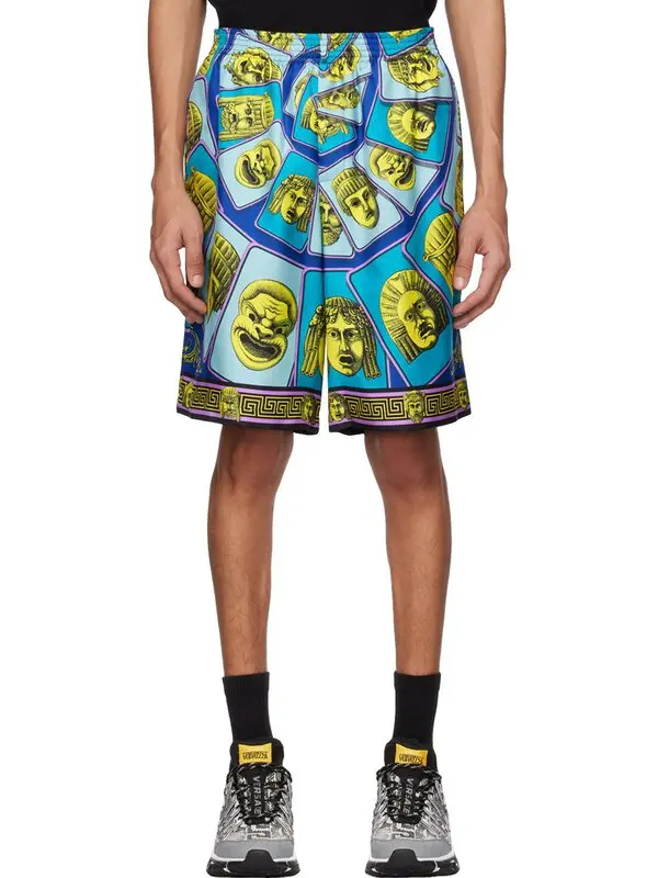 Versace Le Maschere" Printed Straight Leg Shorts - Blue