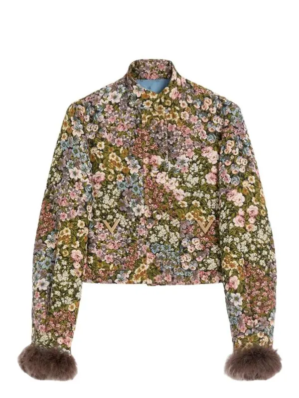 Valentino Garavani Floral Jacket With Feather Cuffs And Gold Chevron Detailing - Black/multicolor