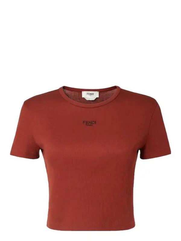 Fendi Logo Embroidered Crewneck Cropped T-shirt - Red
