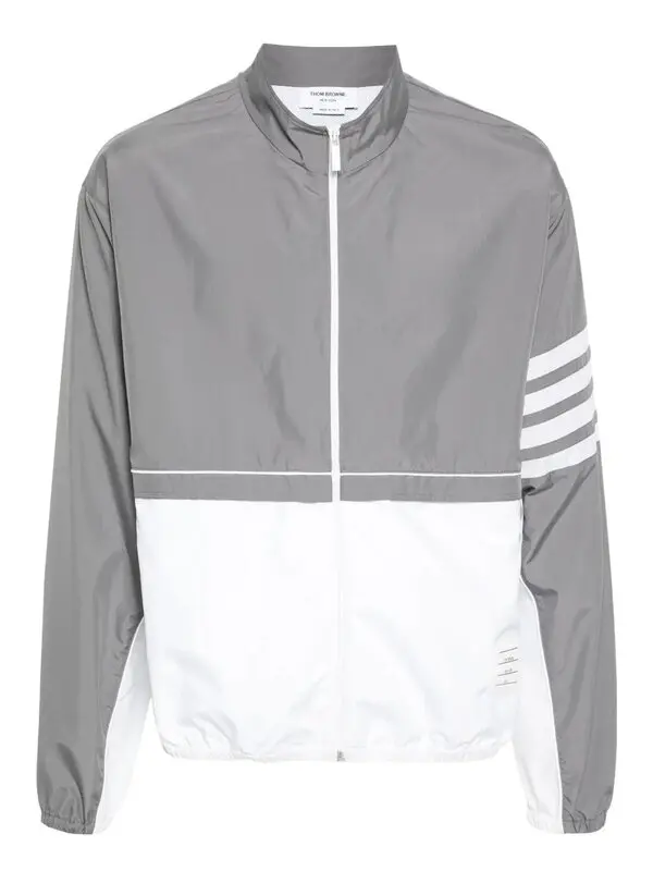 Thom Browne Zip-up Windbreaker With Four-bar Detailing - Medium Gray/white