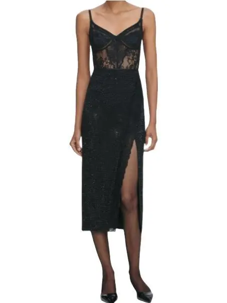 SELF-PORTRAIT Embellished Midi Skirt With Side Slit - Black