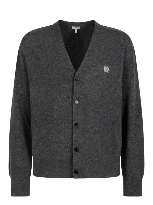 Loewe V-neck Cardigan With Embroidered Logo And Contrast Stripe Detail - Grey