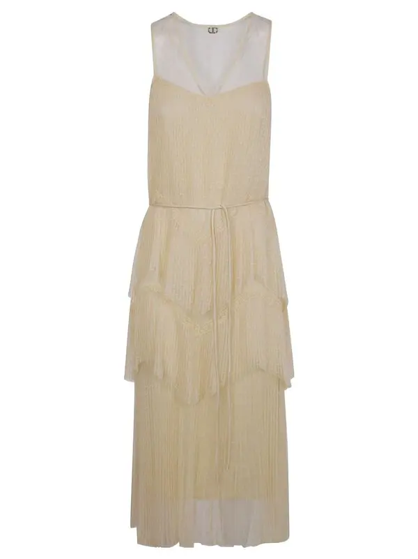 TWINSET Layered Midi Dress With Pleated Ruffles And Lace Inlays - Nude