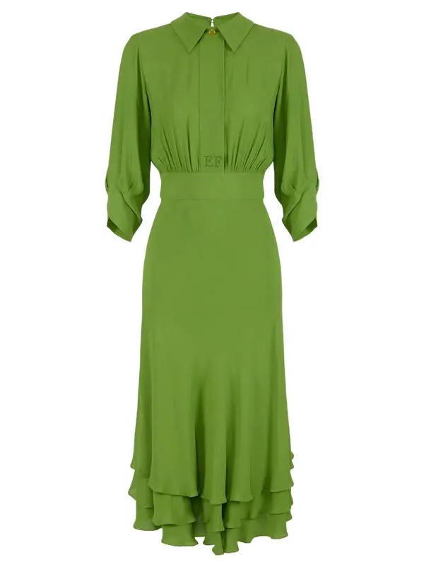 Elisabetta Franchi Pleated Flounce Shirt Dress With Logo Embroidery - Aloe