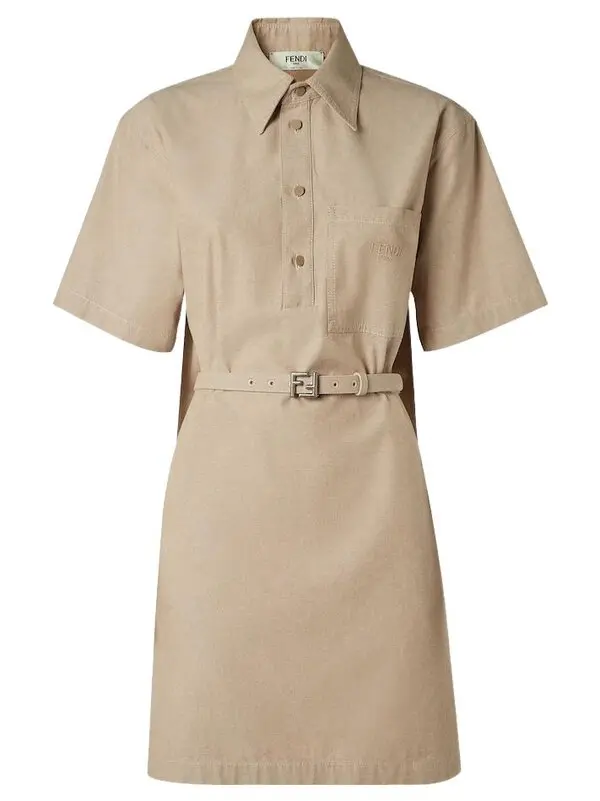 Fendi Logo Embroidered Belted Mini Dress - Brown