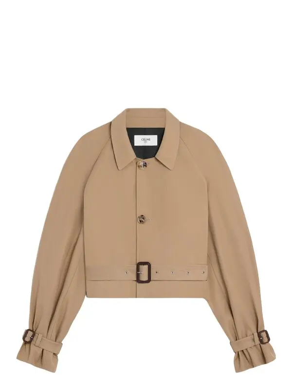 Celine Cotton And Wool Gabardine Jacket With Belted Waist - Light Brown