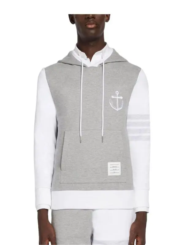 Thom Browne Anchor Embroidered Drawstring Hoodie - Gray