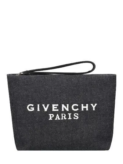 Givenchy Paris Logo Printed Zipped Clutch Bag - Black