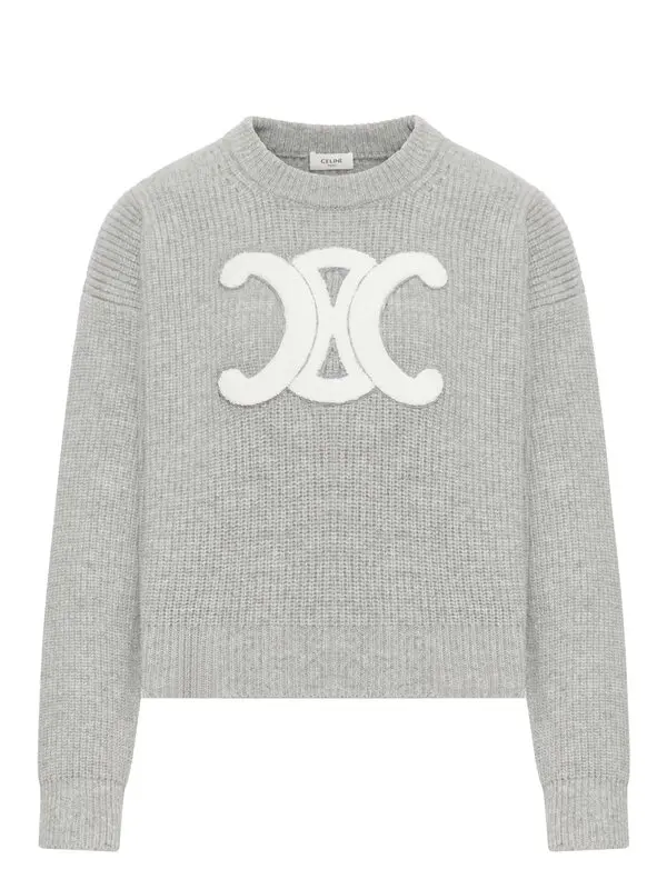 Celine Ribbed Wool Crew Neck Sweater With Graphic Pattern - Gray