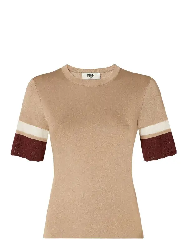 Fendi Dark Beige Viscose Sweater With Ff Crochet Knit Sleeves - Nude