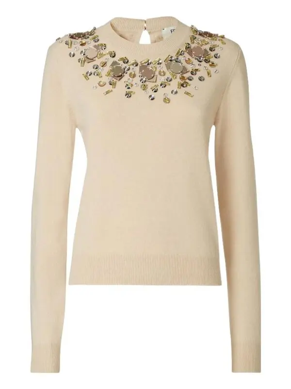Fendi Beige Wool And Cashmere Sweater With Embellished Crew Neck - Nude