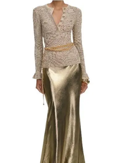 SELF-PORTRAIT Ribbed-knit Lurex Jumper With Ruffled Cuffs And Belt - Gold
