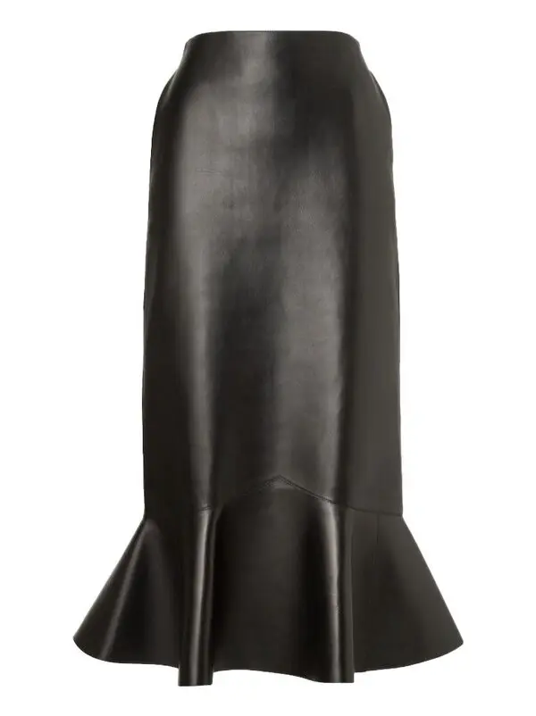 Fendi High Waist Peplum Hem Leather Midi Skirt - Black
