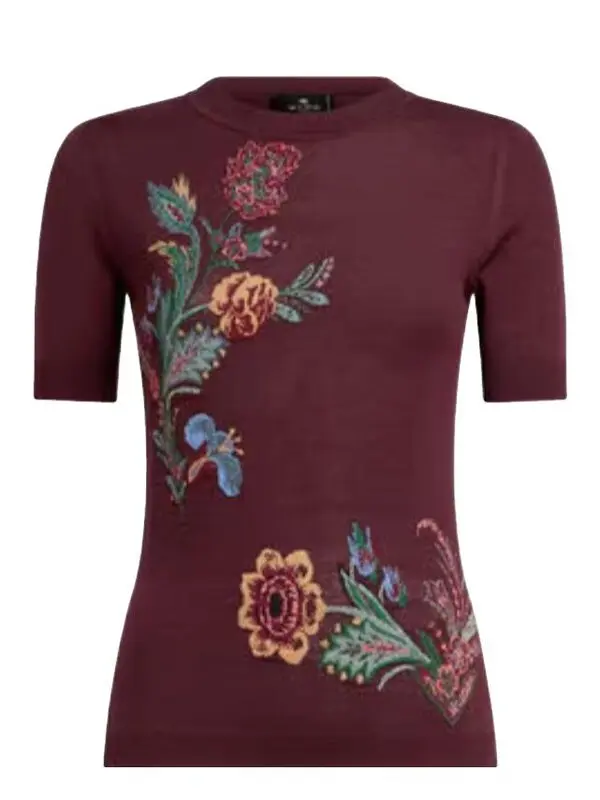 Etro Floral Jacquard Crewneck Short Sleeve Top - Burgundy