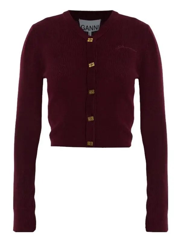 GANNI Ribbed V-neck Cardigan With Button Detail - Brown