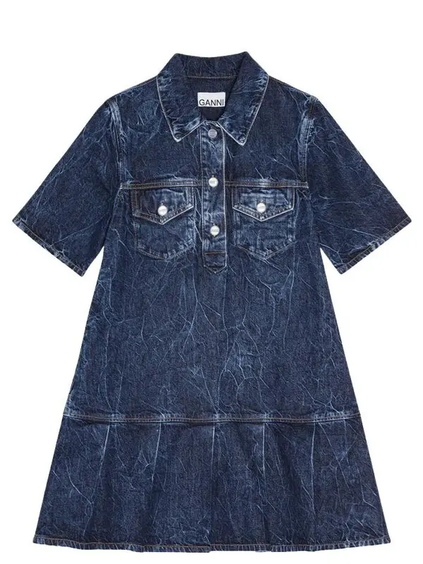 GANNI Denim Mini Dress With Lapel And Short Sleeves - Blue