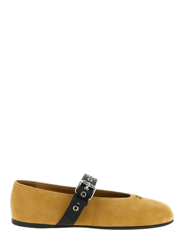 Miu Miu Suede Ballerinas With Embroidered Logo And Buckled Straps - Brown