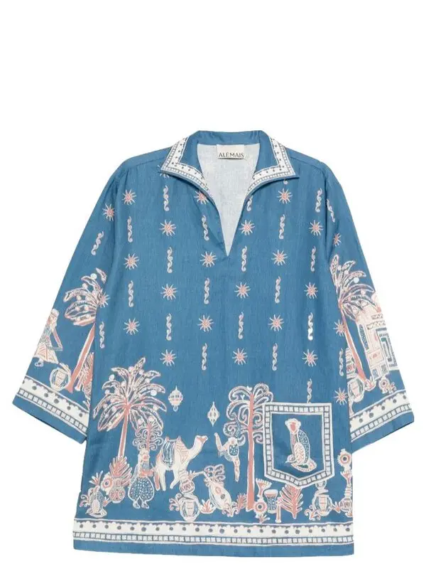 ALEMAIS Collared Graphic-print Mini Dress - Blue