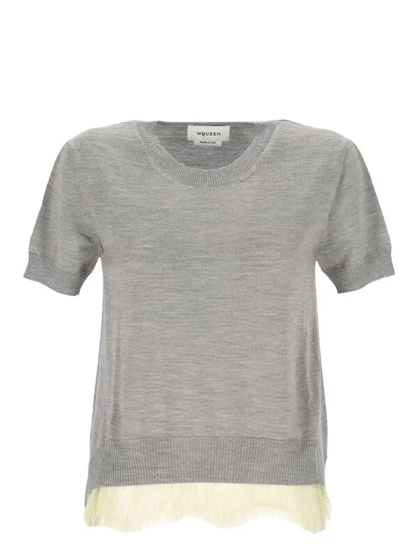 Alexander McQueen Short Sleeve Knit Top With Ribbed Trim - Gray