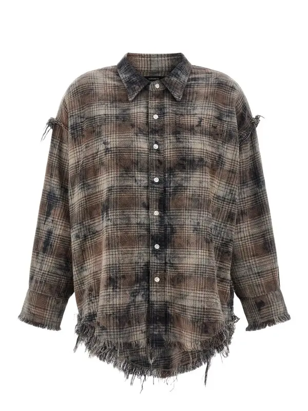 R13 Distressed Fringed Checkered Shirt - Brown
