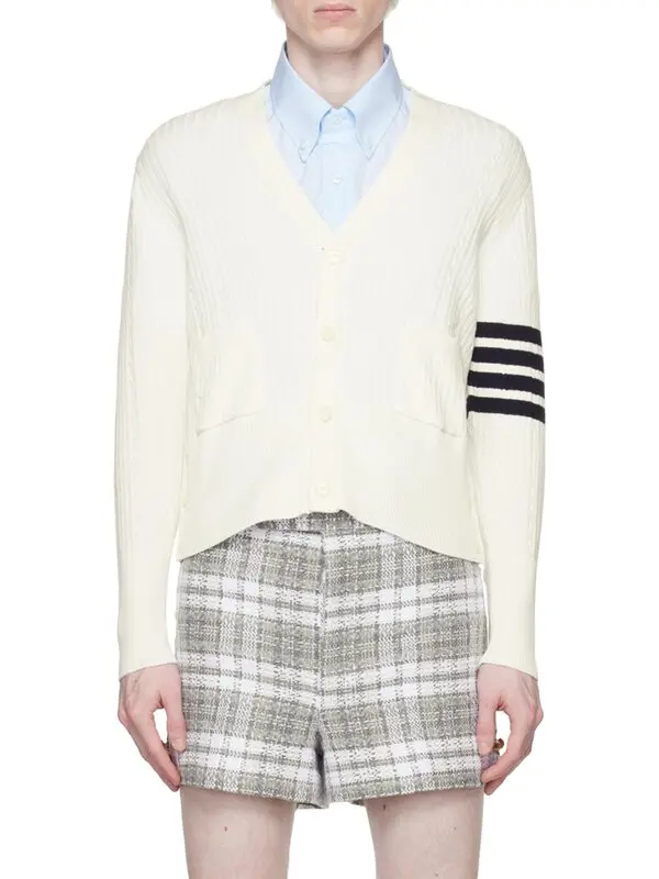 Thom Browne 4-bar Stripe Cable Knit V-neck Cardigan - White
