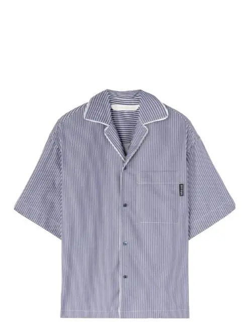 Palm Angels Striped Short Sleeve Shirt With Arc Logo - Navy Blue - Off White