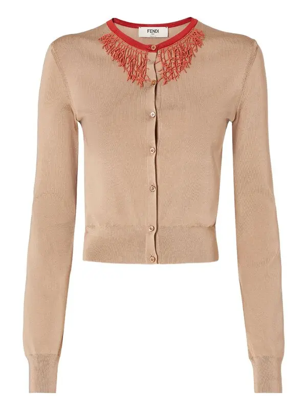 Fendi Viscose Cardigan With Coral Embellishments - Beige