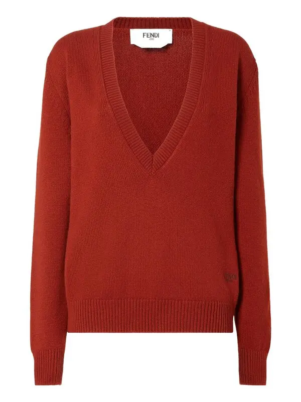 Fendi V-neck Cashmere Jumper With Elasticated Waistband - Red