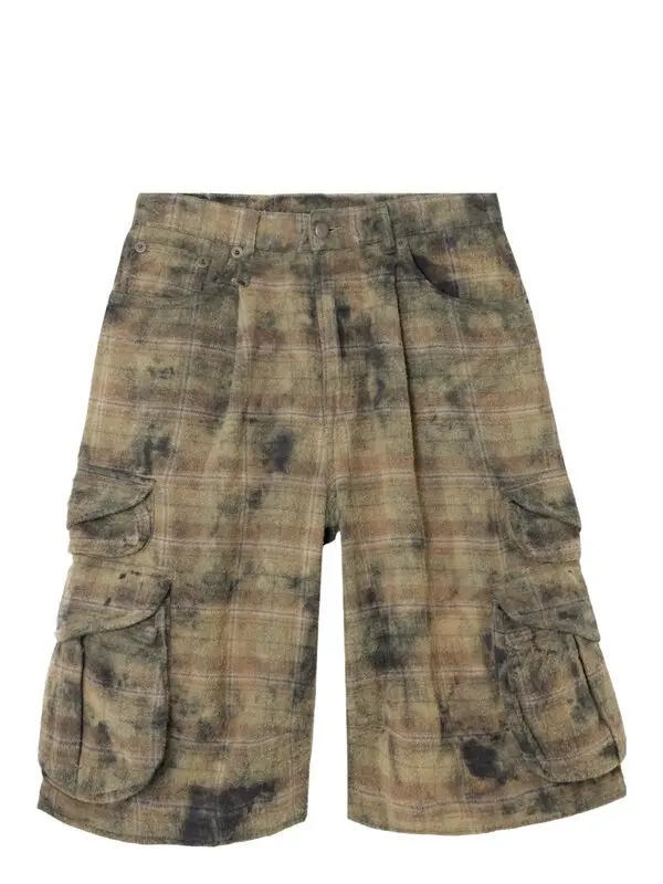 R13 Plaid Distressed Work Shorts - Military Green