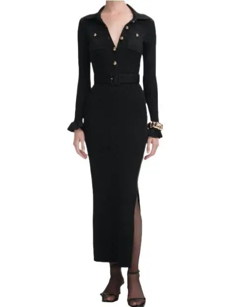 SELF-PORTRAIT Ribbed Knit Maxi Dress With Frill Cuffs And Side Split - Black