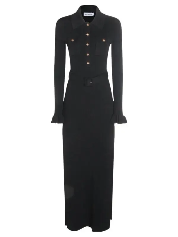 SELF-PORTRAIT Ribbed Maxi Dress With Frill Trim Cuffs And Front Button Closure - Black