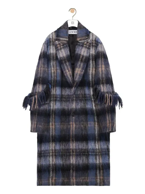 Loewe Relaxed Fit Checked Coat With Fringe Detail - Blue/multicolor