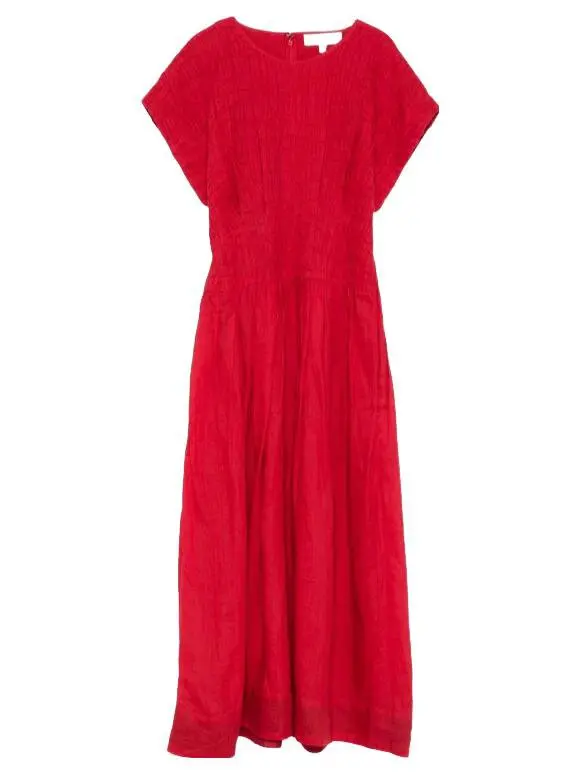 Sea Textured Midi Dress With Pleats - Red