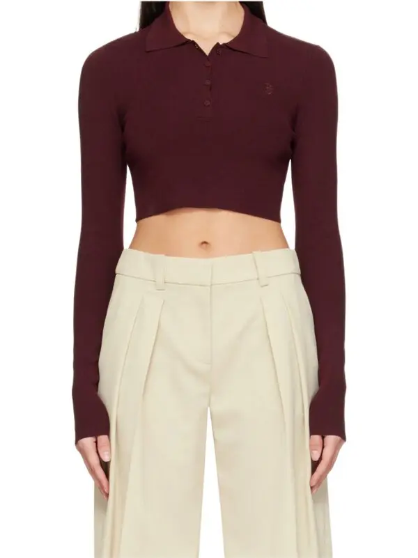 THE FRANKIE SHOP Giselle Cropped Knit Polo - Burgundy